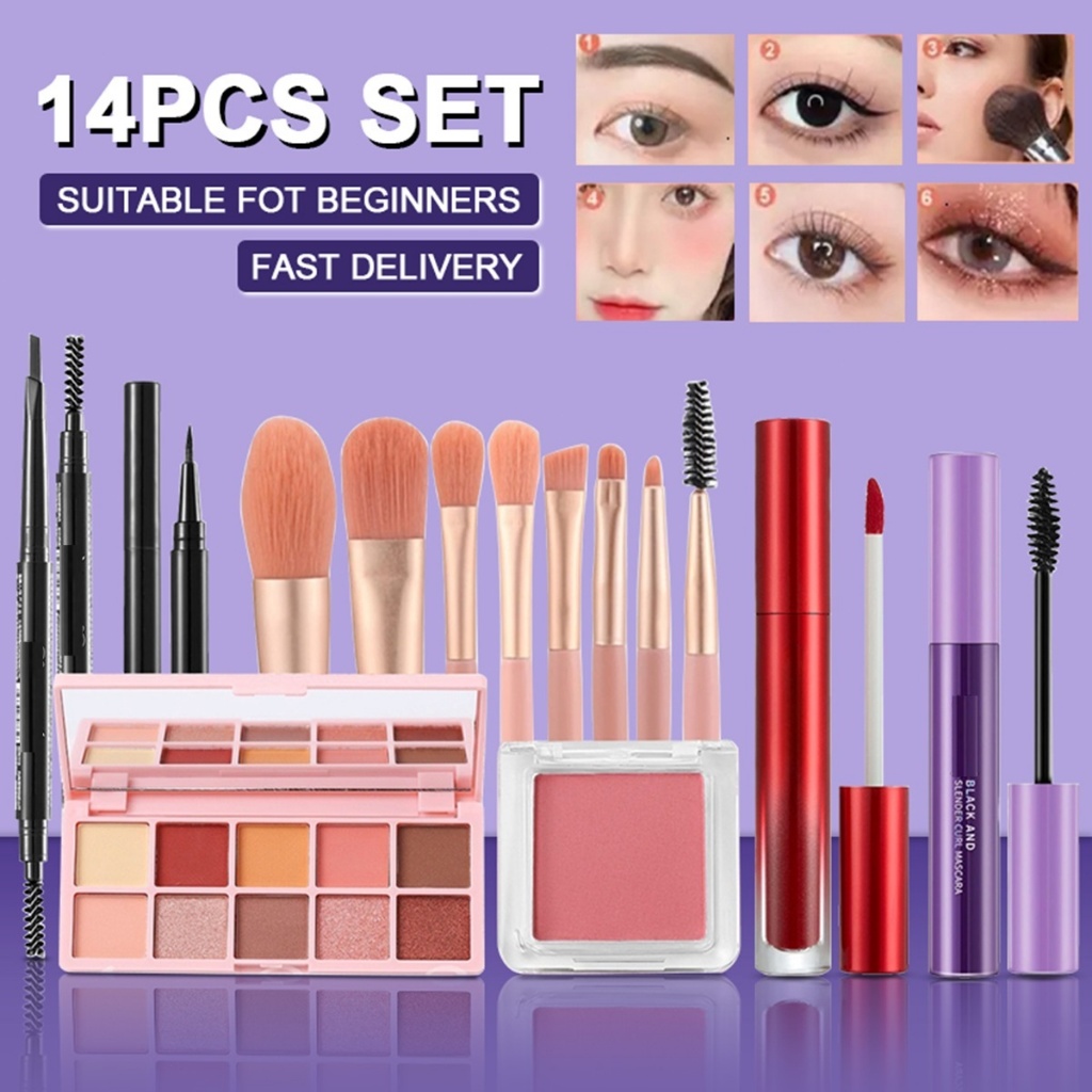 14PCS Makeup Complete Set Eye Shadow+Powder+Lip Glaze+Mascara+8 Brush ...
