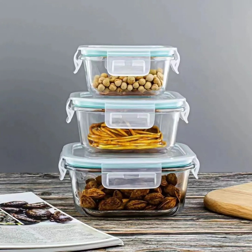 GLASSWARE 3pcs set of GLASS FOOD LUNCH STORAGE - SQUARE / ROUND ...