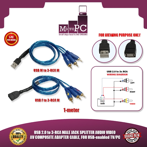 MICRO PC USB 2.0 to 3-RCA MALE JACK SPLITTER AUDIO VIDEO AV COMPOSITE ...