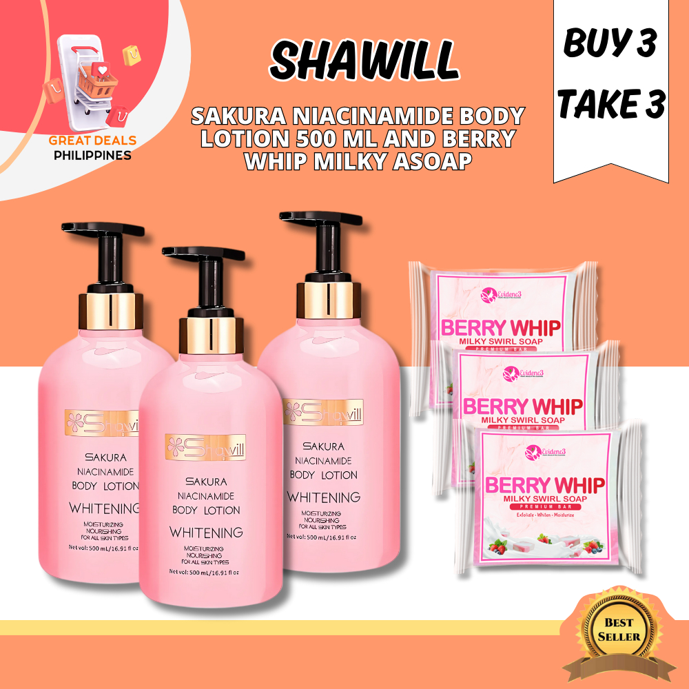 Shawill Cosmetics Sakura Niacinamide Body Lotion Care 500ml & BERRY WHIP MILKY WHITENING SOAP ...