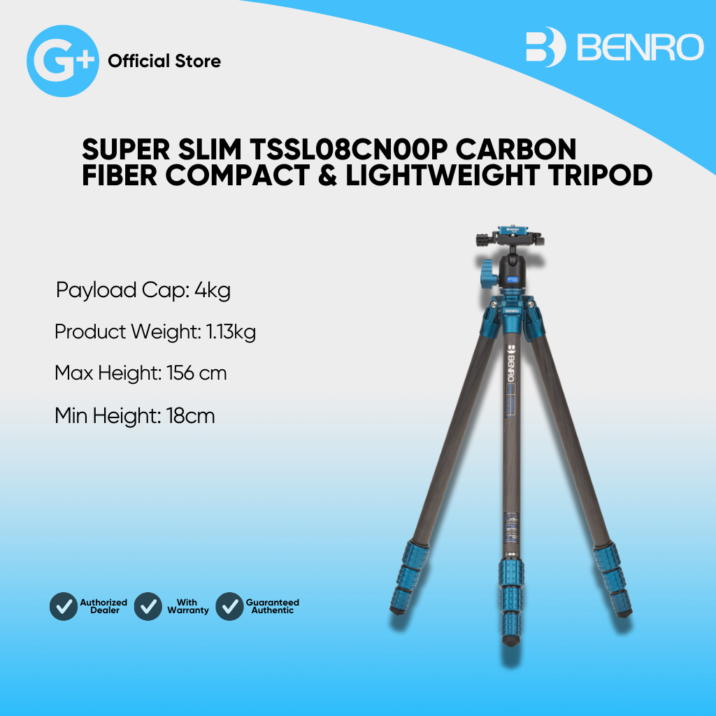 Benro Super Slim Compact & Lightweight Tripod Kit - Aluminum TSSL08AN00P / Carbon Fiber ...