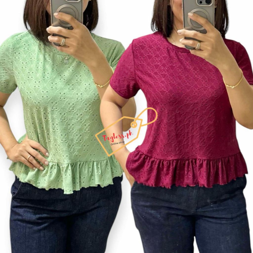 Tagless.ph CLAIRE Round Neck Peplum Eyelet Top Blouse for Women's ...