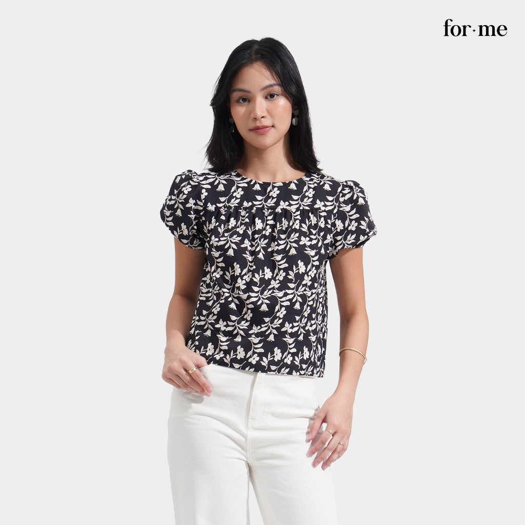 ForMe Printed Babydoll Puff Sleeves Top For Women (Black) | Shopee ...
