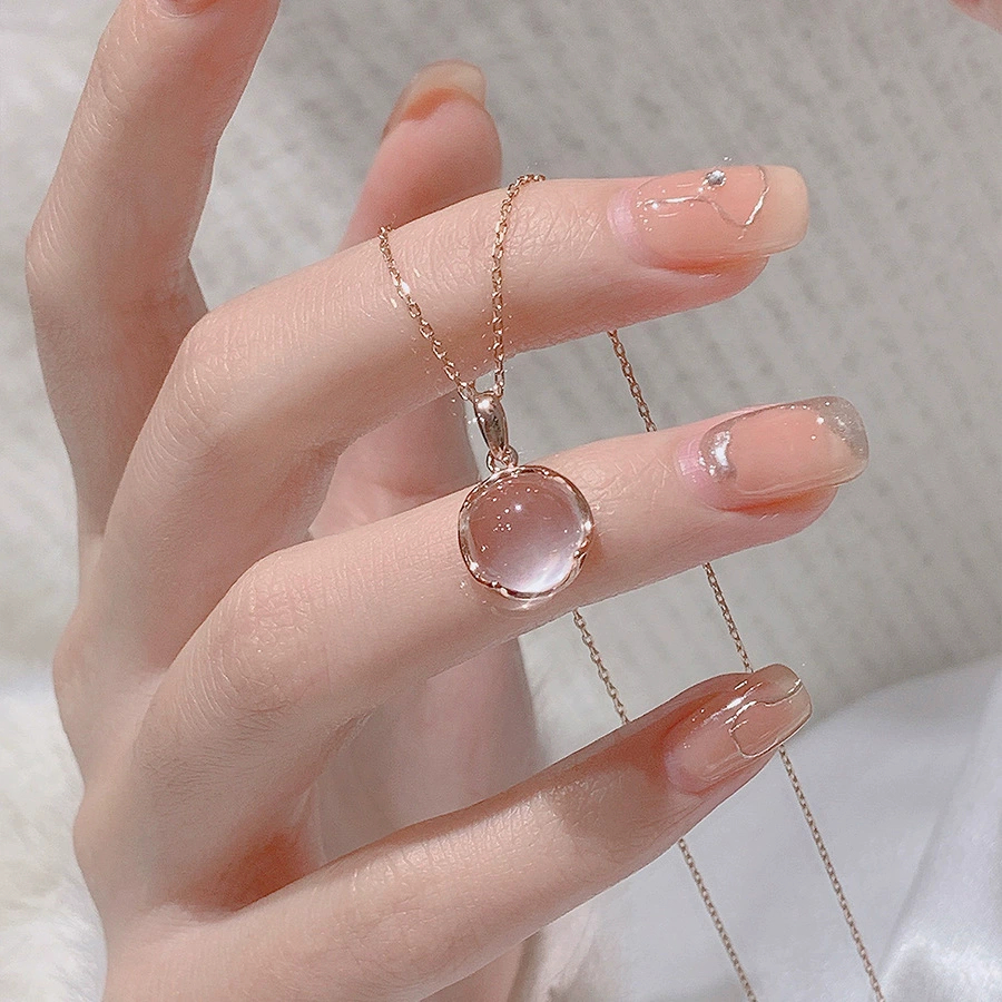 Korean Gold-Plated Rose Gold Pink Crystal Pendant Clavicle Necklace ...