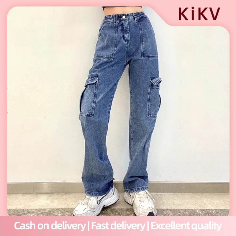 KiKV 6 Pockets Cargo Pants High Waist Jeans Wide Leg Pants 2 fabric ...