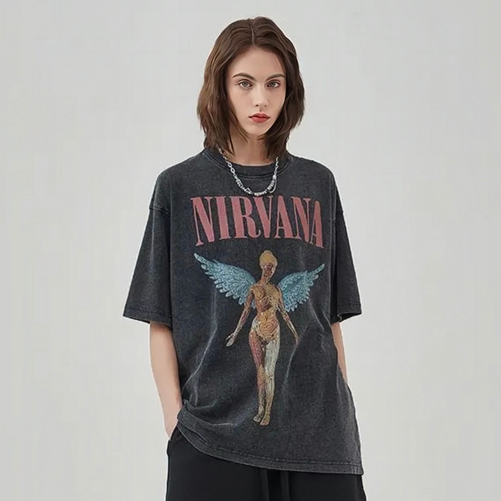 Nirvana Nirvana Angels Band Print Retro Washed Men's T-Shirt Cotton Breathable Loose Tops for ...