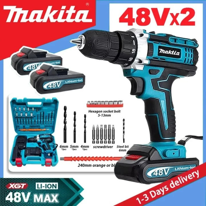 MAKITA 48V/68V Cordless Electric Drill Heavy Duty Screwdriver Power Tools Set With 2 × Battery ...