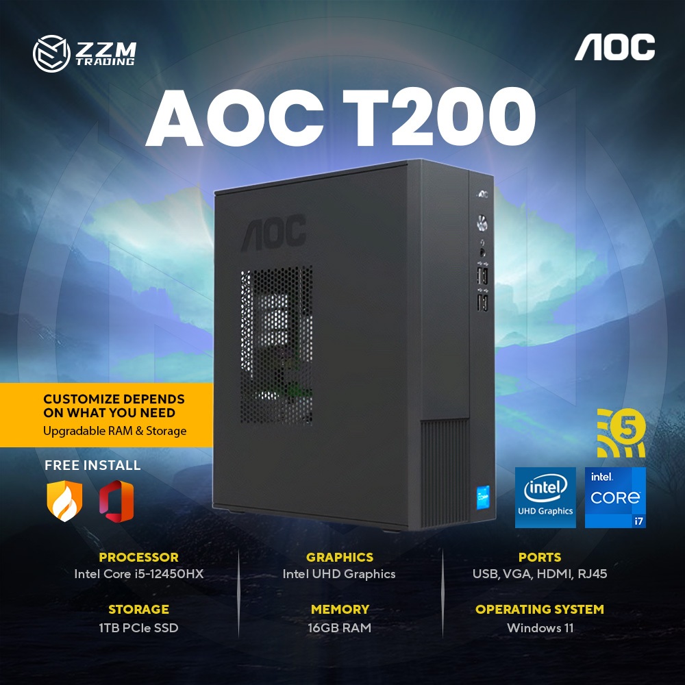 AOC T200 Tower PC Windows 11 Intel i5-12450HX Intel UHD Graphics 16GB ...