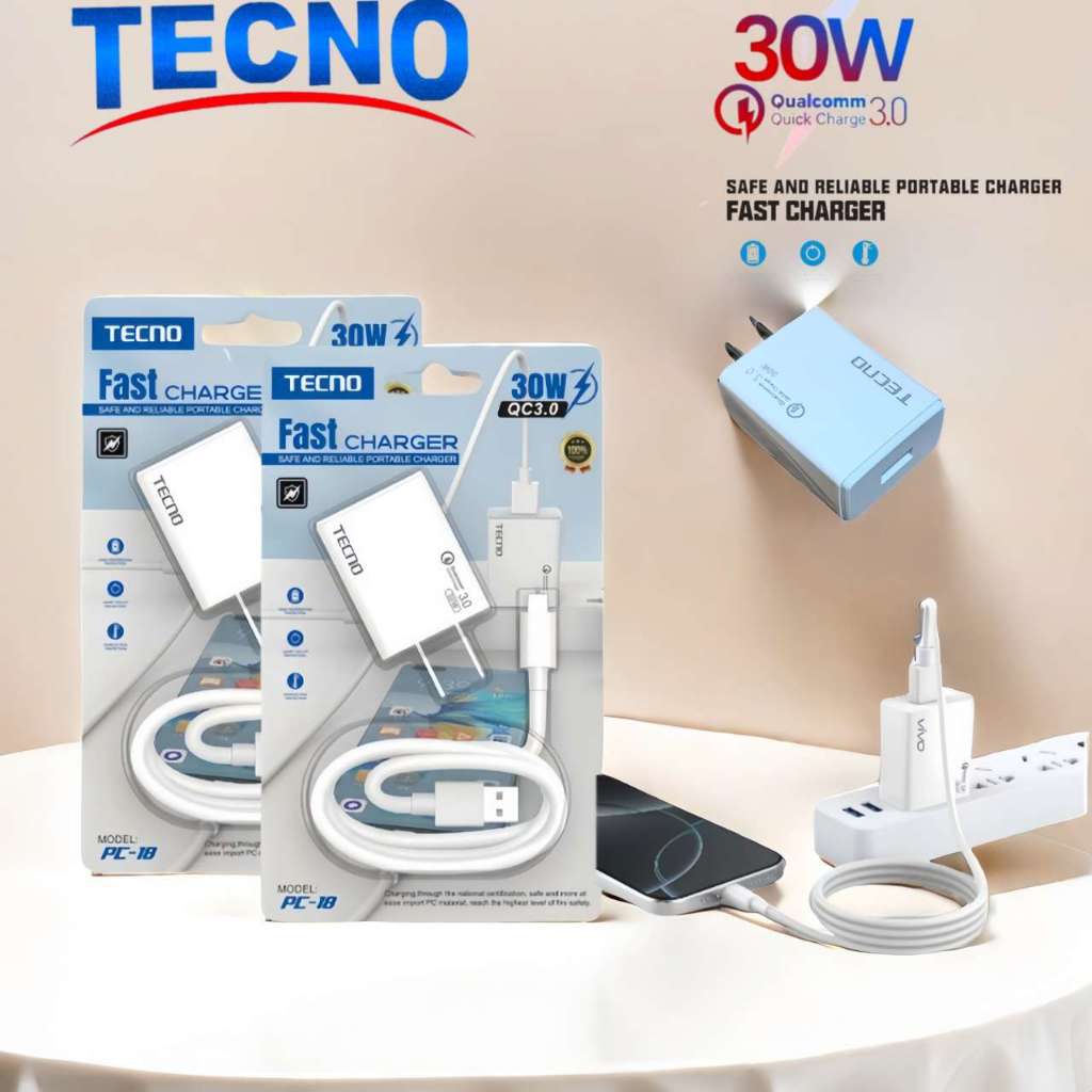 PC18 30W Tecno Fast Charger With Adaptor + USB Cable 3A Quick Charging ...