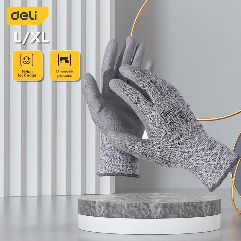 Deli Protective Gloves Cut Resistant PU Coated Gloves L/XL Size (Grey ...