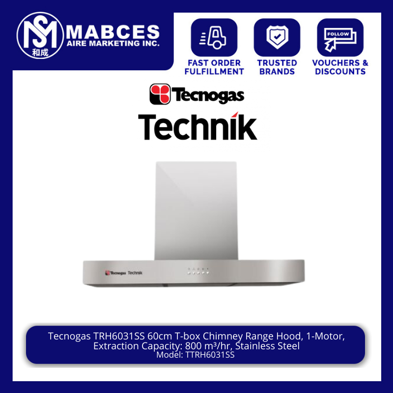 Tecnogas TRH6031SS 60cm T-box Chimney Range Hood, 1-Motor, Extraction Capacity: 800 m³/hr ...