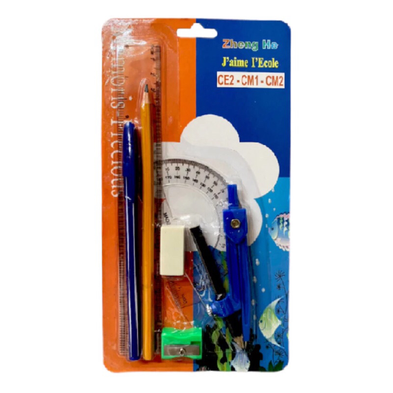 stationary set ballpen ruler eraser sharpener +2 pencil protractor geometry compas | Shopee ...