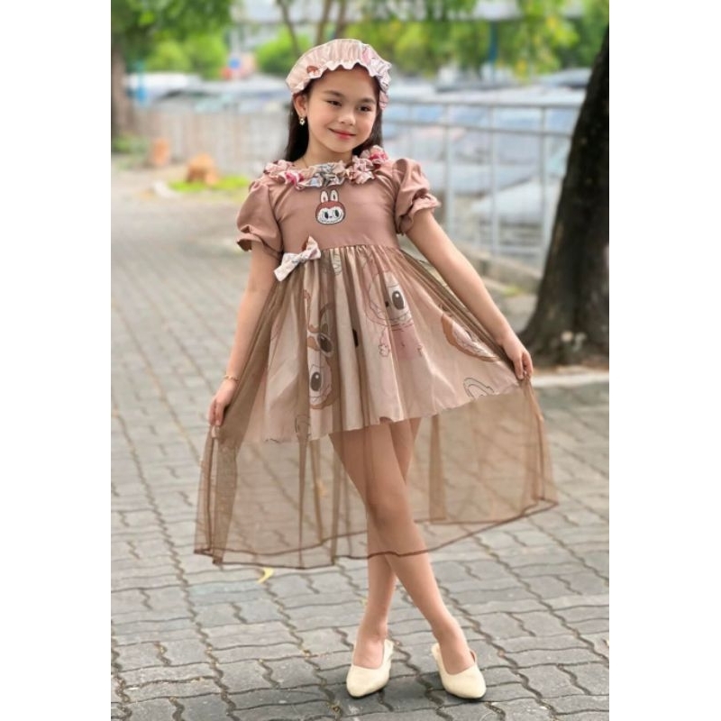 Little Vella Labubu Inspired Collared Mesh Puff Dress with Turban( 4-9 ...