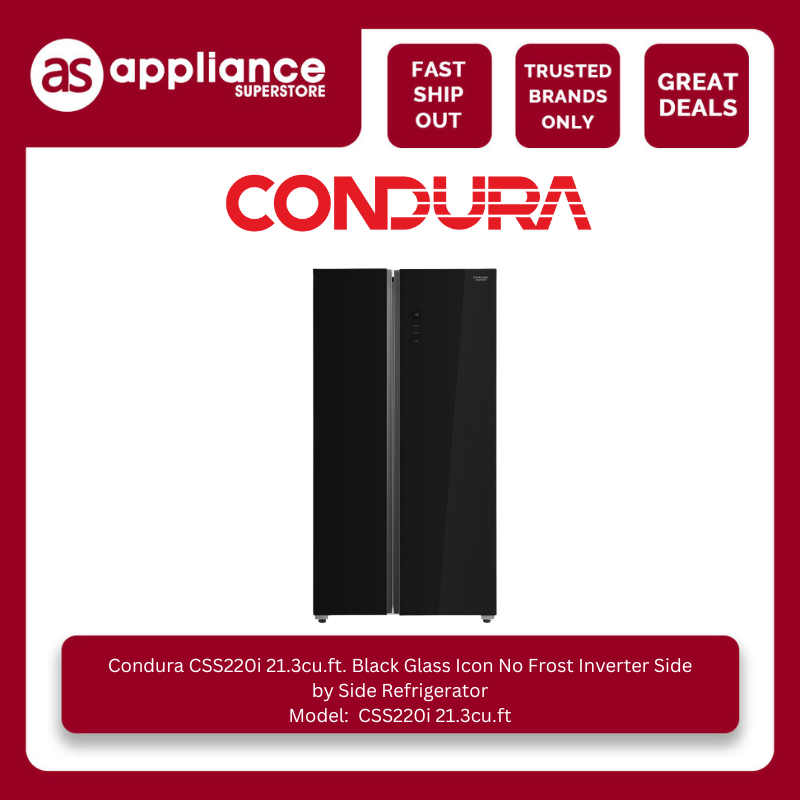 Condura CSS220i 21.3cu.ft. Black Glass Icon No Frost Inverter Side by ...