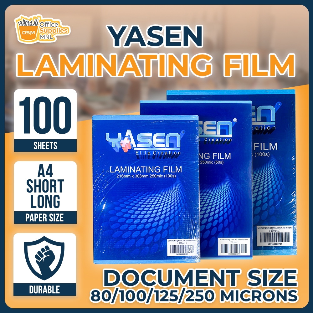YASEN Laminating Film (A4/Short/Long) Document Size (80/100/125/250 Microns) 100 Sheets per Pack ...
