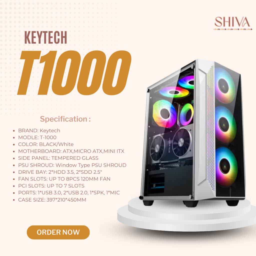 Keytech T1000 ATX Tempered Glass PC Gaming Computer Desktop Case ...