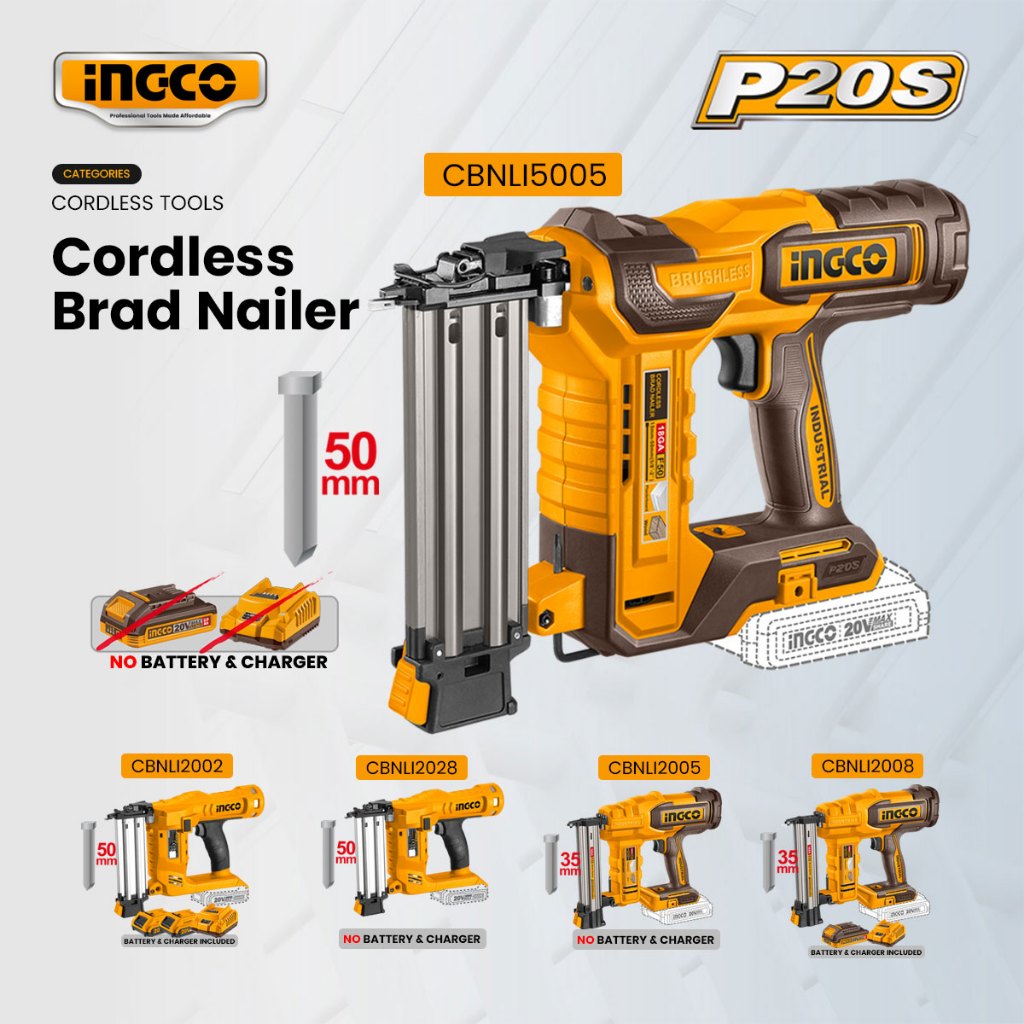 Ingco 35mm / 50mm 20V Cordless Brad Nailer Gun Heavy Duty Rechargeable ...