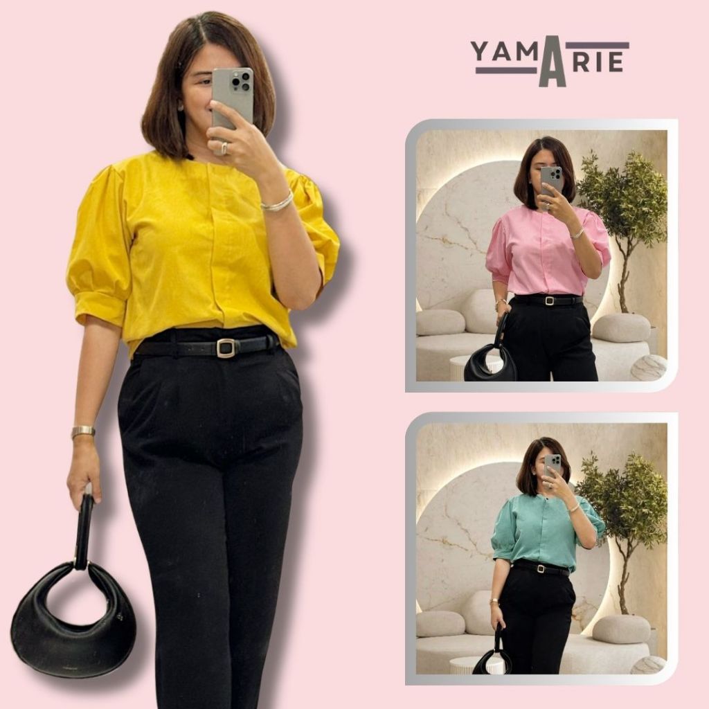 Yamari.PH Basic Casual linen round neck puffsleeves buttondown Polo top | VANESSA | Shopee ...