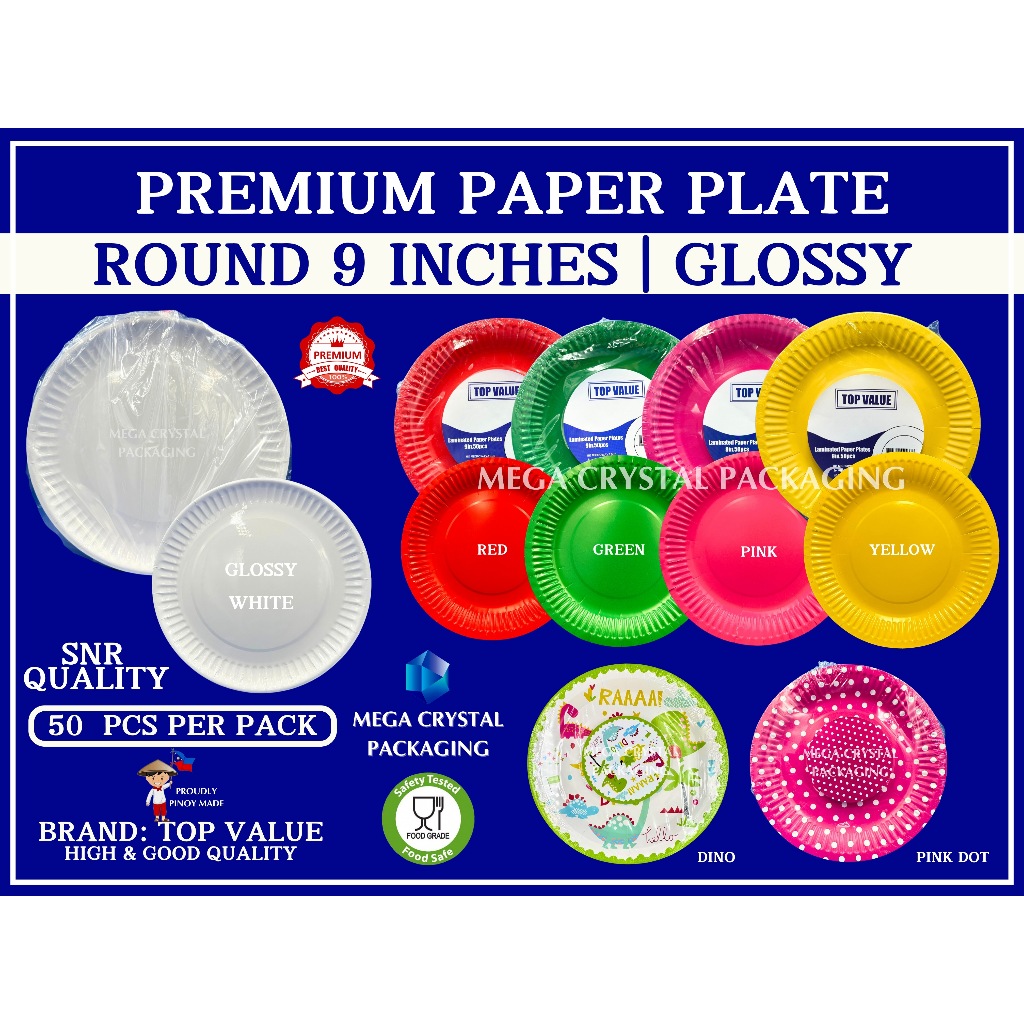 [ 50 Pcs ] Paper Plate SNR S&R Quality Plain | Colored | Glossy White ...