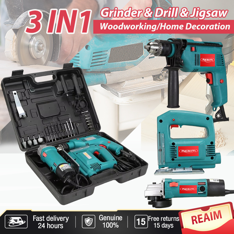 REAIM 3 In 1 Angle Grinder And Drill Set with Jigsaw Original Heavy ...