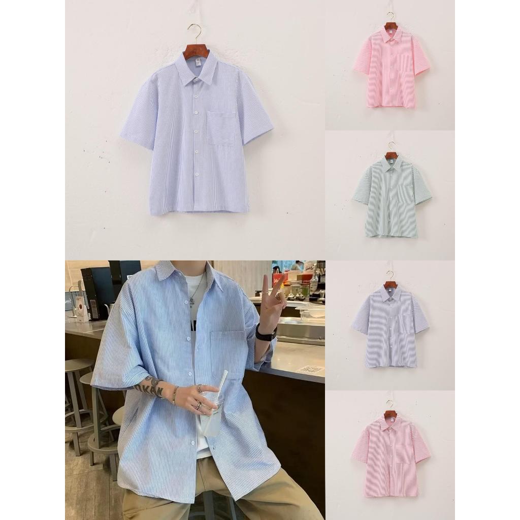 Box Fit Polo for Men Crop Top stripe cotton short-sleeved Korean style ...