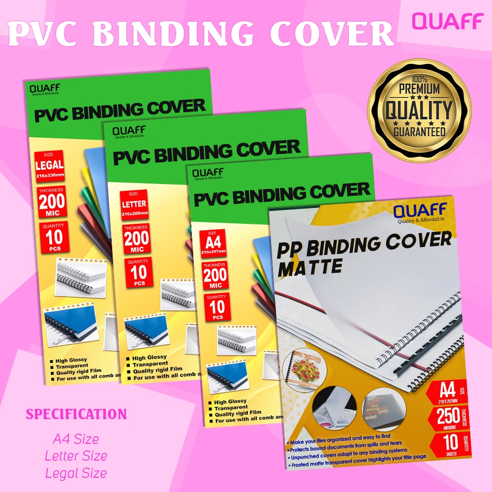 (10sheets) QUAFF Clear PVC Binding Cover Short A4 Long Size 200 Mic & 250mic Frosted Binding ...
