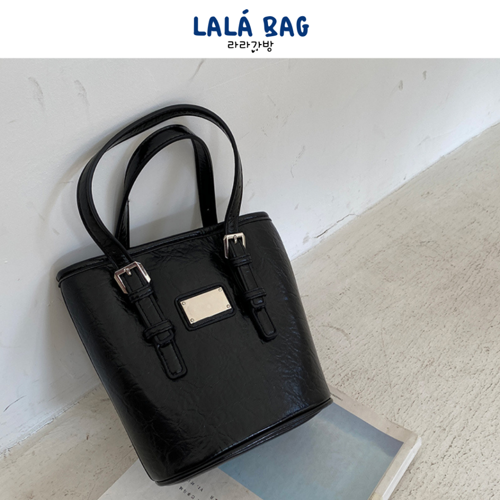 LALÁ BAG Small Retro Style Wrinkled Leather Bucket Bag with Crossbody ...