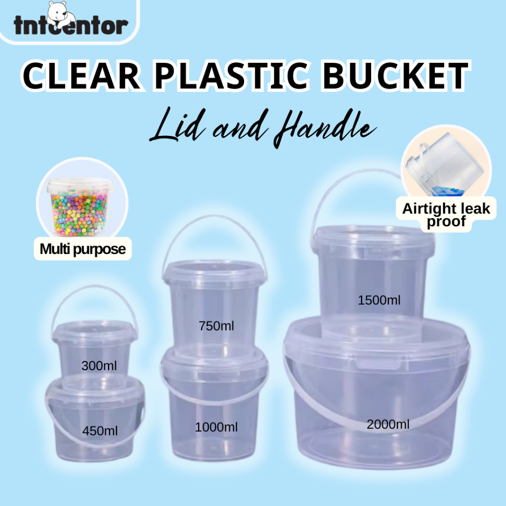 500ml-2LMultipurpose Clear Plastic Food Bucket With Lid Pail Canister ...