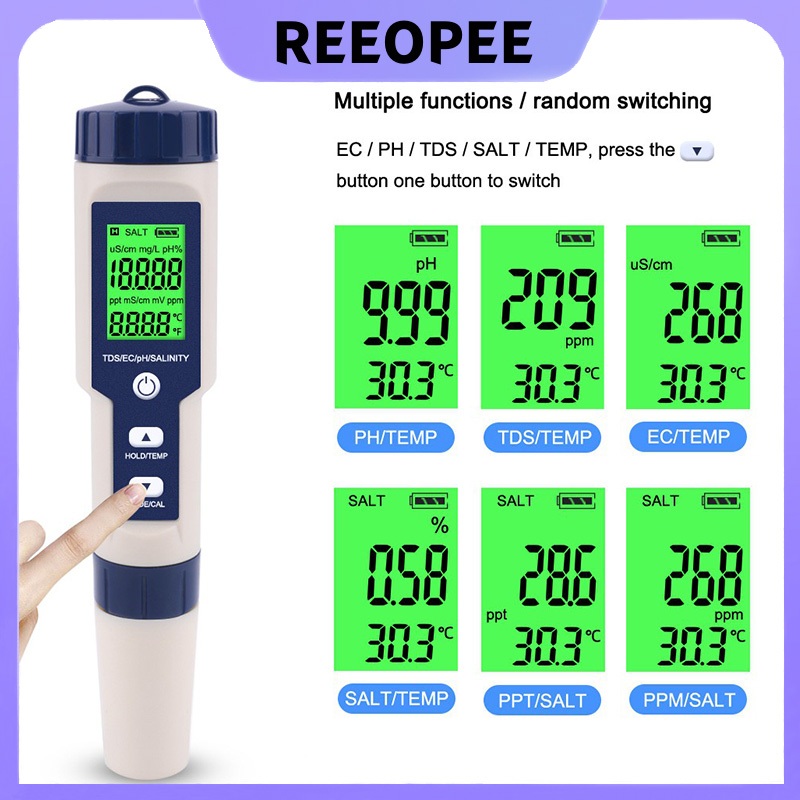 Reeopee 5 In 1 PH Meter Water Quality Tester PH/EC/TDS/Salinity/TEMP ...
