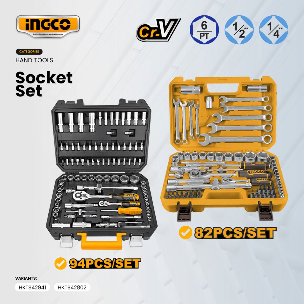 Ingco 82pcs/94pcs Socket Set 1/4" & 1/2" Drive CR-V Ratchet Wrench Auto ...