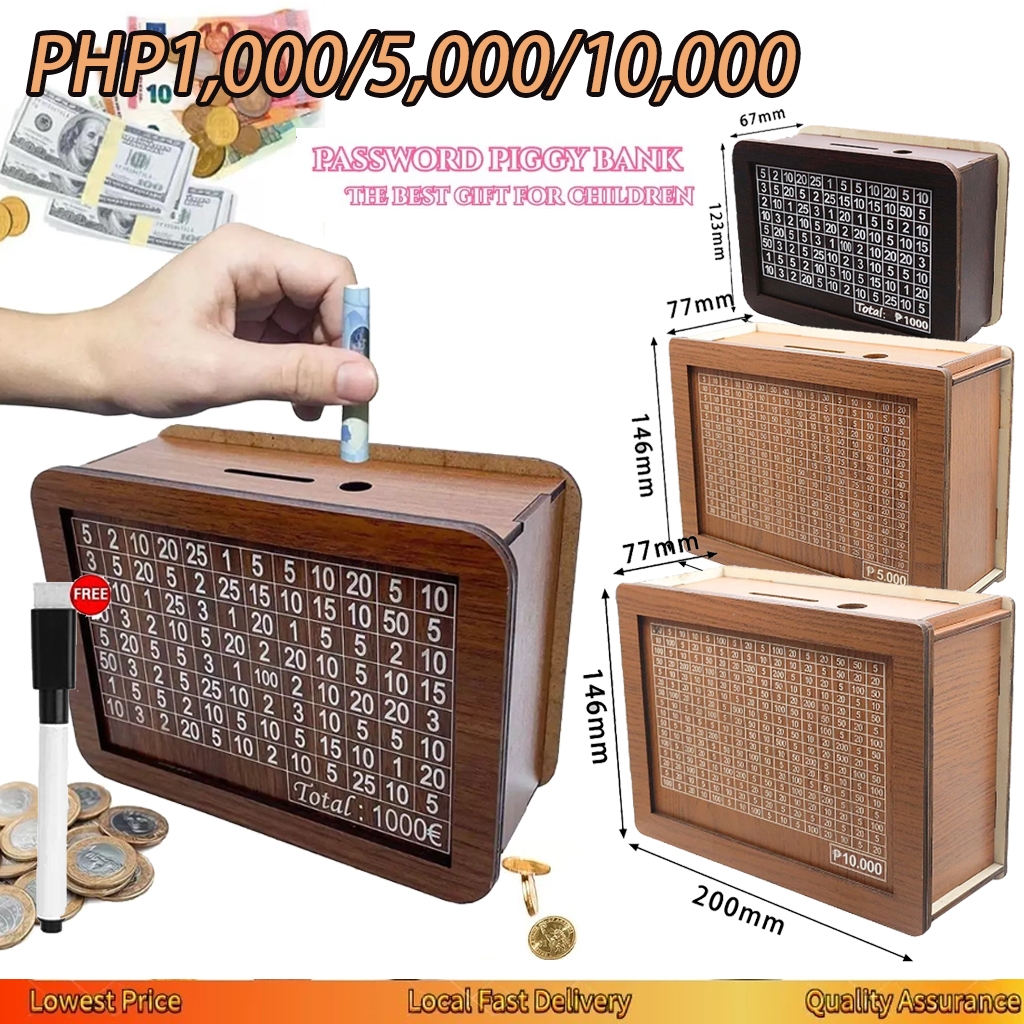 PHP Money Box Wooden piggy Bank, Reusable Money Box With Saving Goal ...
