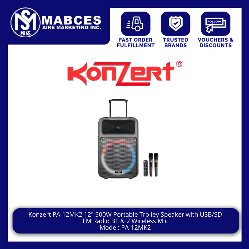 Konzert PA-12MK2 12" 500W Portable Trolley Speaker with USB/SD FM Radio ...
