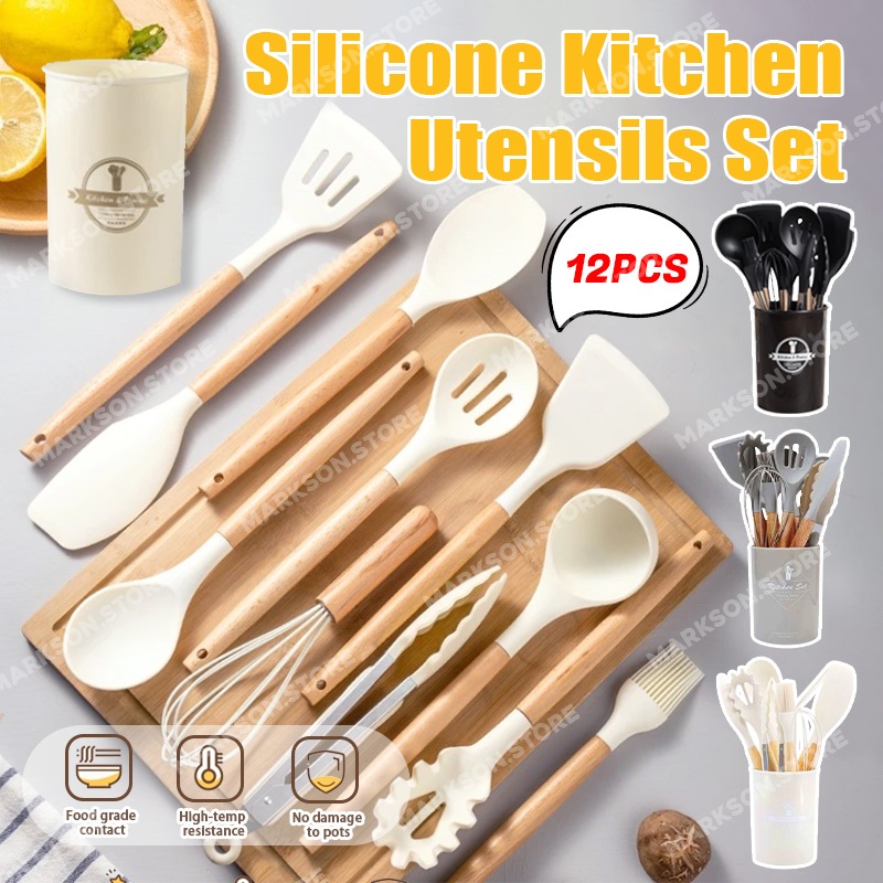 12PCS Silicone Kitchen Utensil Set Cookware Set Non-Stick Wooden Handle ...