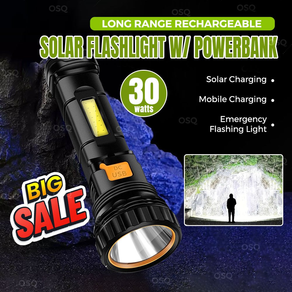 OSQ Solar/USB Charging Flashlight Long Range Rechargeable Flash Light ...