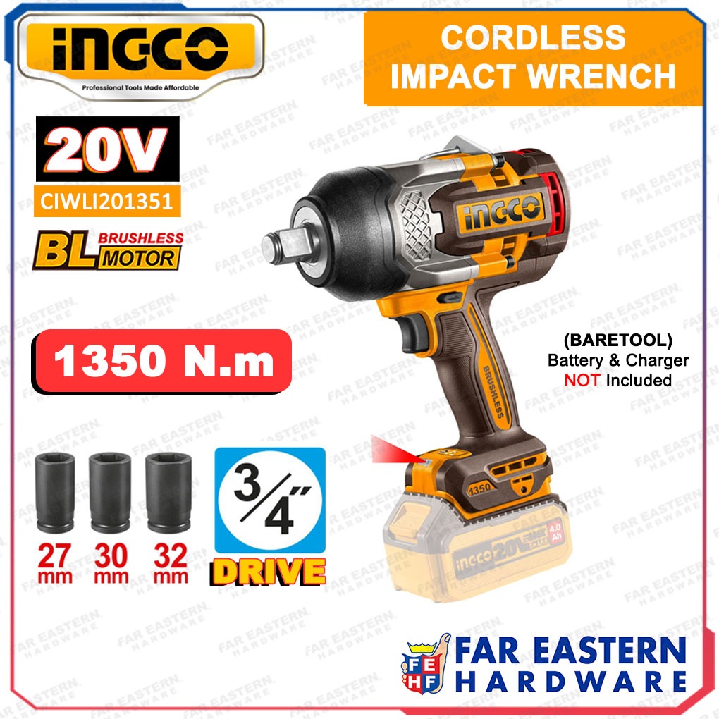INGCO Cordless Brushless Impact Wrench 3/4" Drive 20V 1350Nm. (BARETOOL ...