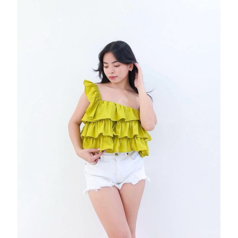 Ivanka One-Sided Ruffles Top Premium Cotton Linen Plain Garterized ...