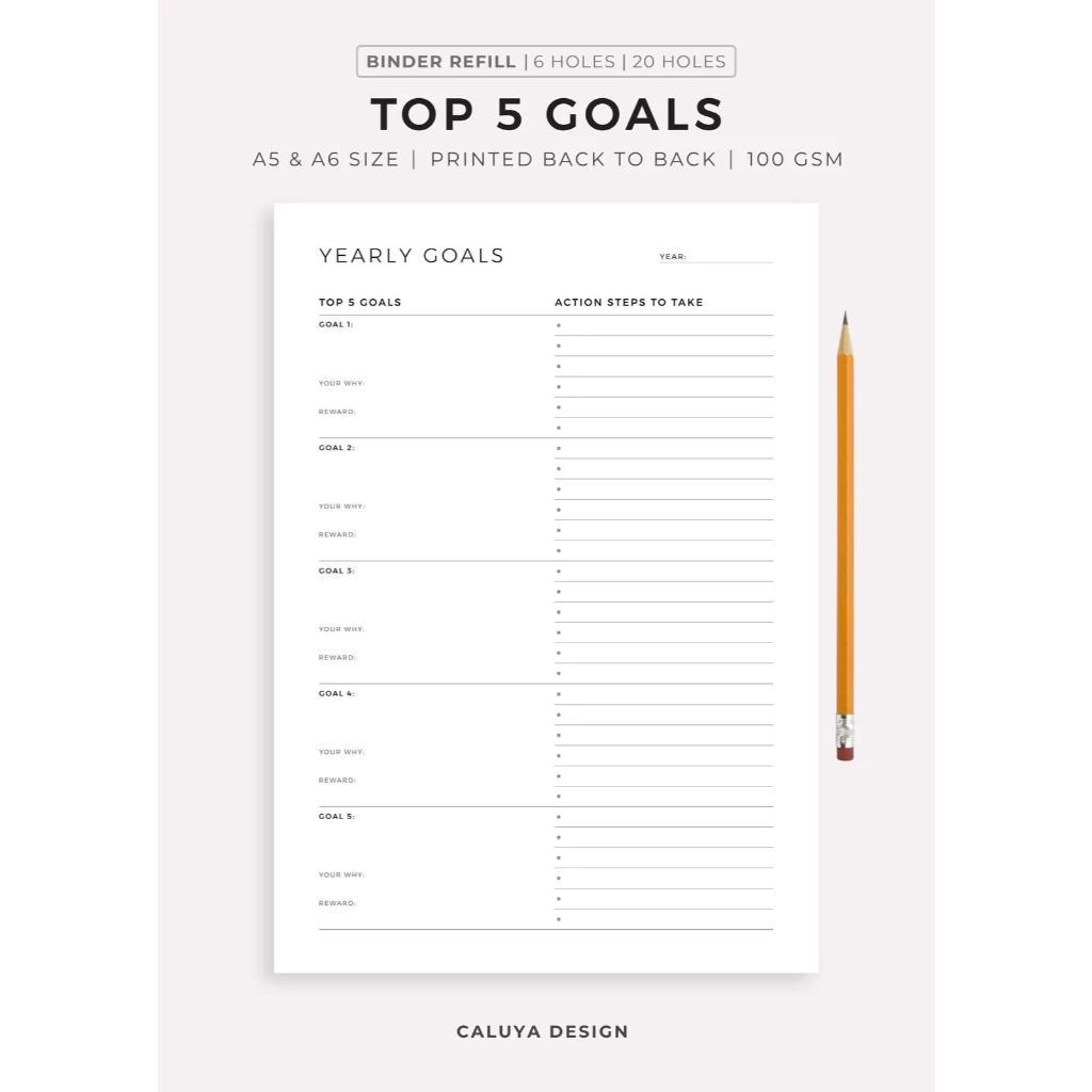 A5 A6 Top 5 Goals Planner | A5 Binder Notebook Refill Pages | Notebook ...