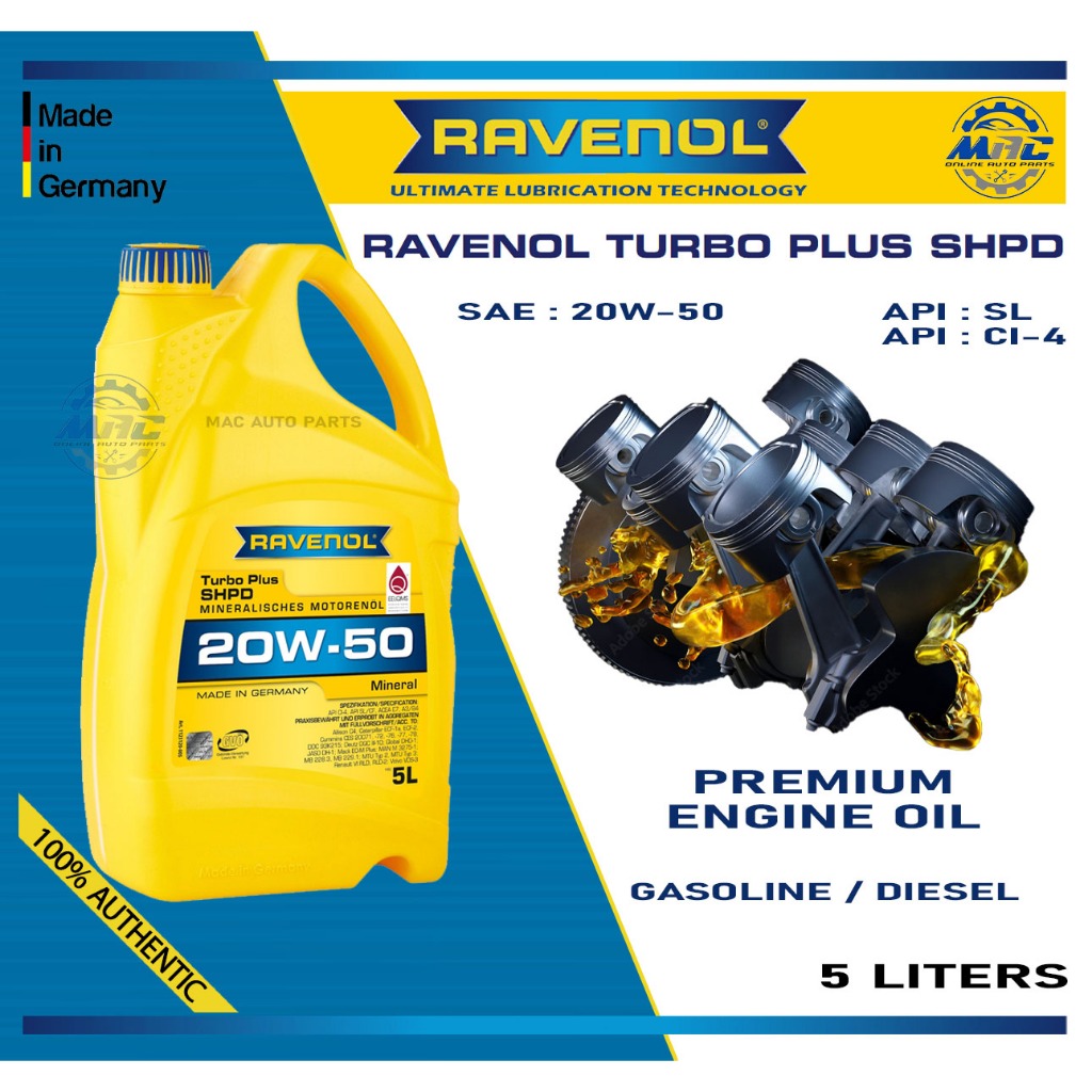 RAVENOL Turbo Plus SHPD 20W-50 GASOLINE AND DIESEL ENGINE OIL 5 LITERS PREMIUM ENGINE OIL ...