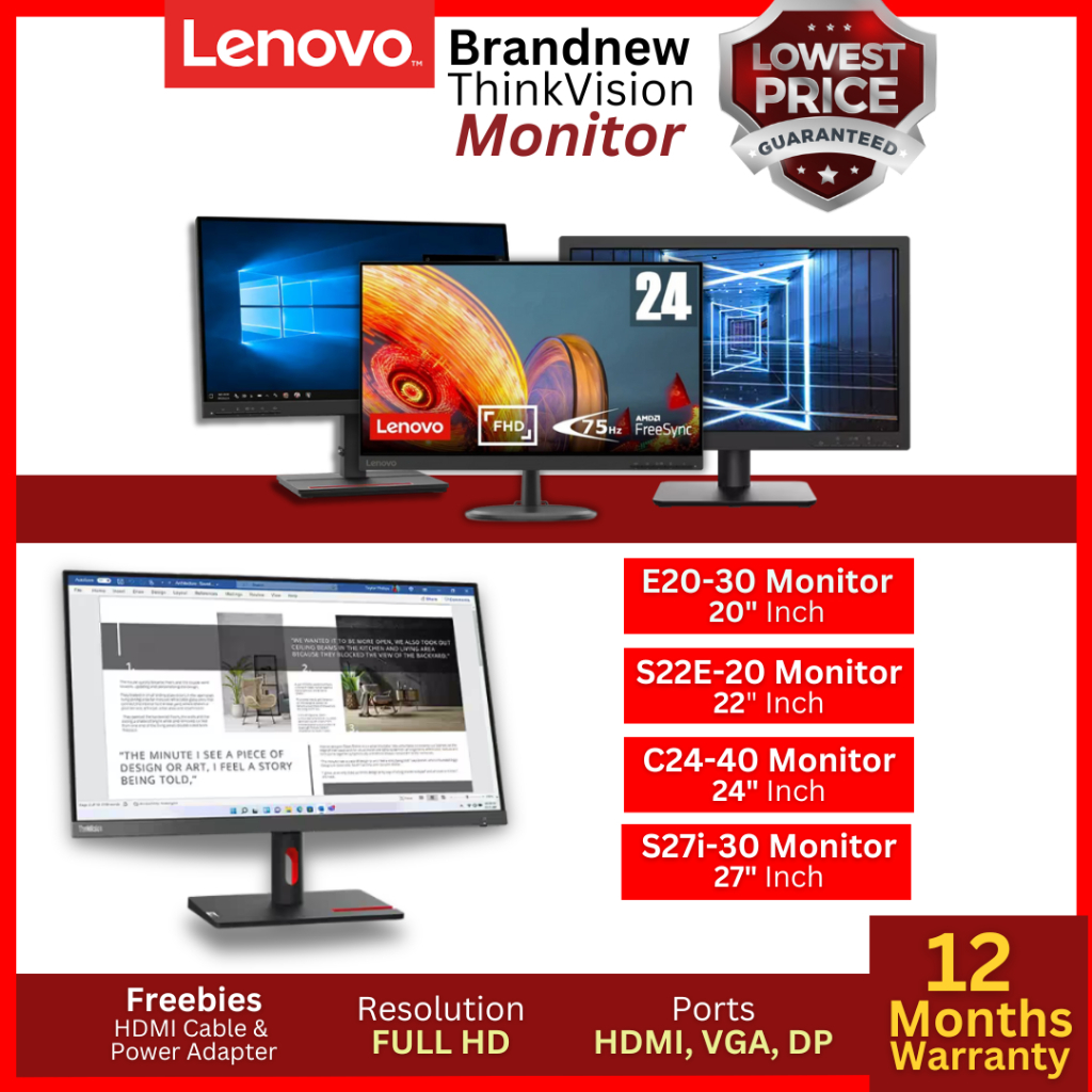 BRANDNEW Lenovo ThinkVision 20" 22" 24" 27" IPS LED Wide Monitor ...
