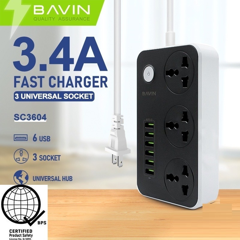 BAVIN 3.4A Wire Extension With 3 Power Socket & 6 USB Port SC-3604 ...