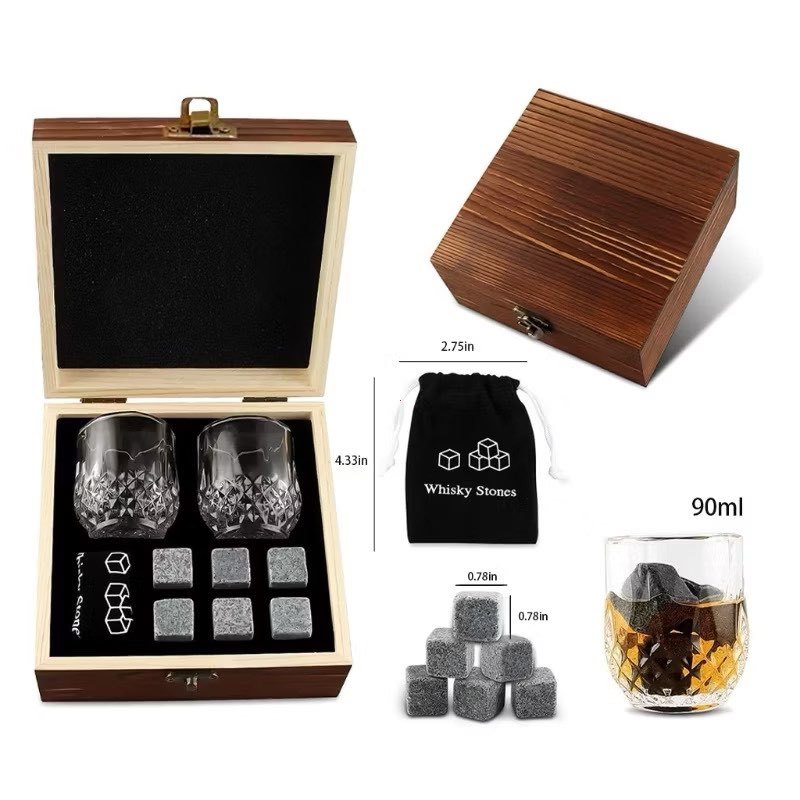 Whiskey Stones Ice Cube Gift Set w/ Wooden Gift Box and Tools for ...