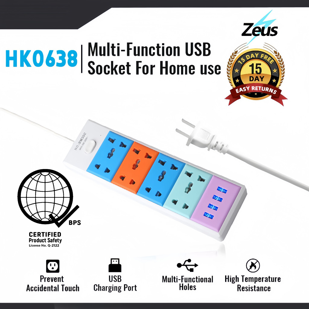 Zeus Extension Cord Long Plug Socket Extension with 4 USB Charging ...