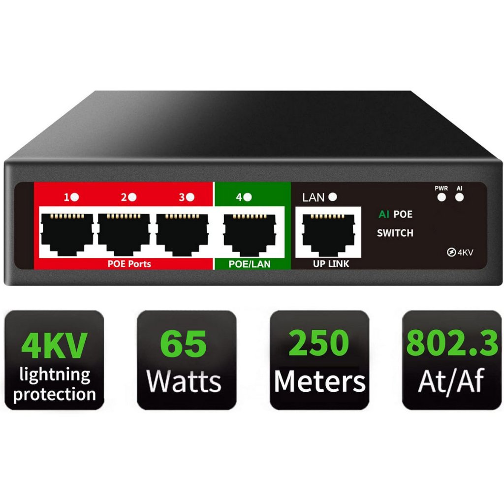 Ai PoE Switch (4 POE Ports +2 Uplink), 802.3af/at PoE 100Mbps, 65W ...