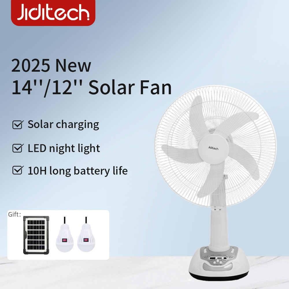Jiditech 2025 New 14''/12'' Solar Fan Rechargeable Fan With 2 LED Light ...