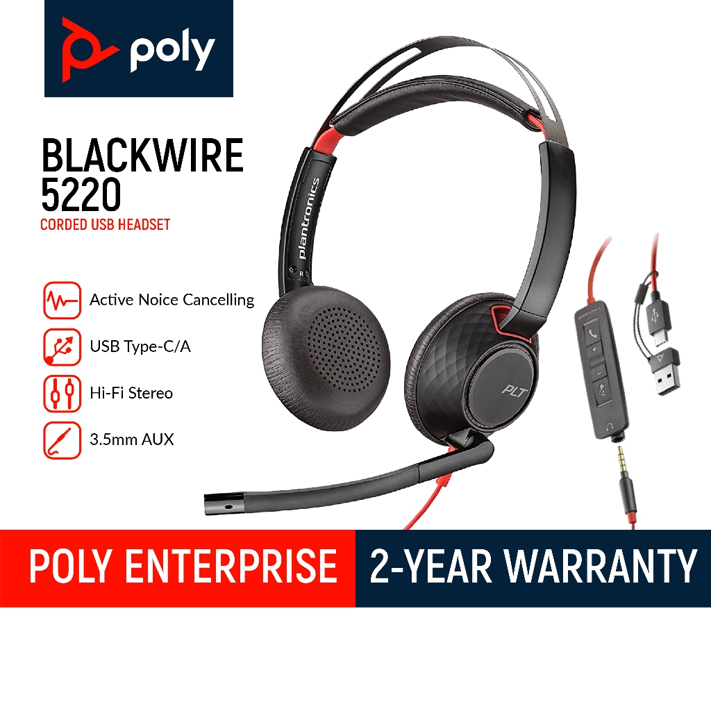 Poly Blackwire 5220 Stereo USB-C Headset +3.5mm Plug +USB-C/A Adapter ...