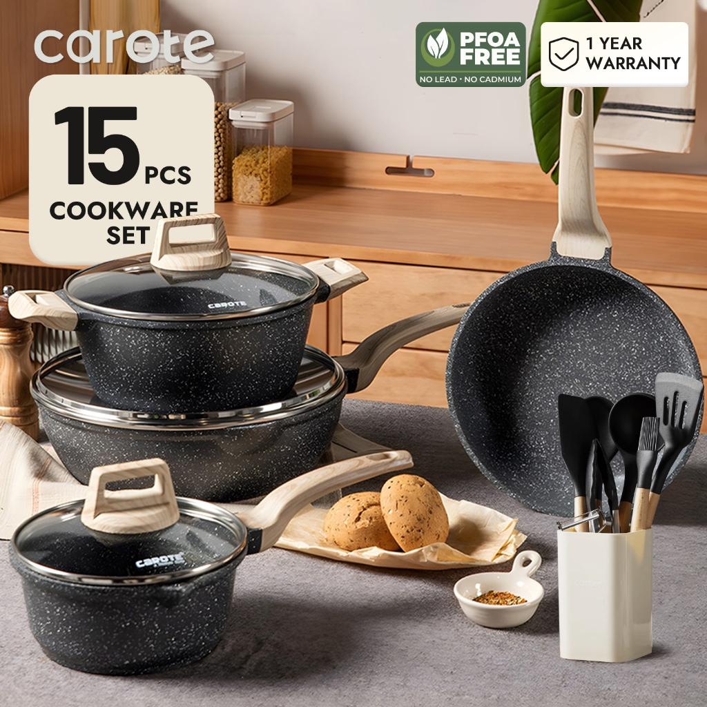 CAROTE Non Stick pan kitchen cookware set 7 pcs Kawali wok pot Die-Cast ...