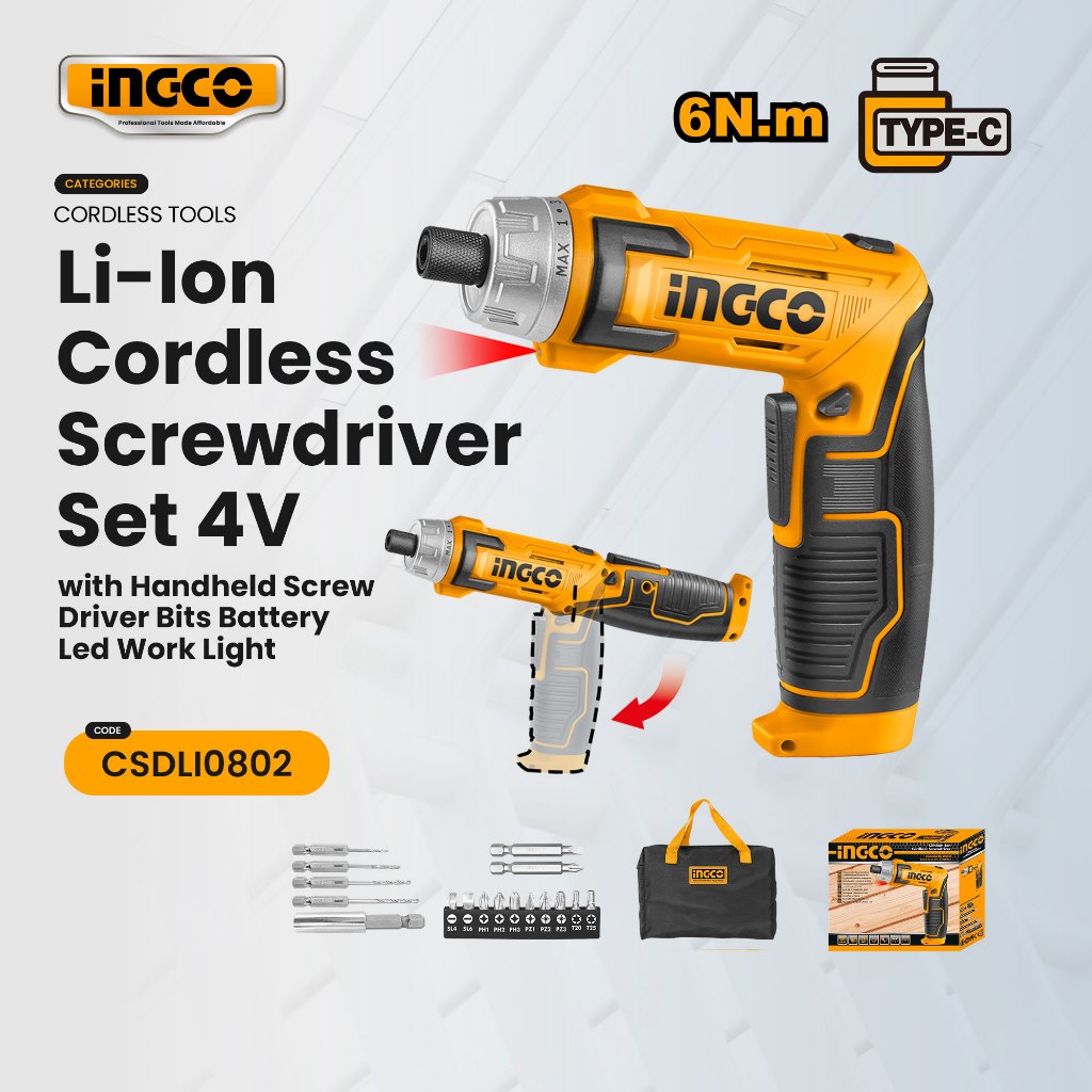 INGCO Lithium-Ion Cordless Screwdriver Set Portable Rechargeable Tool w ...