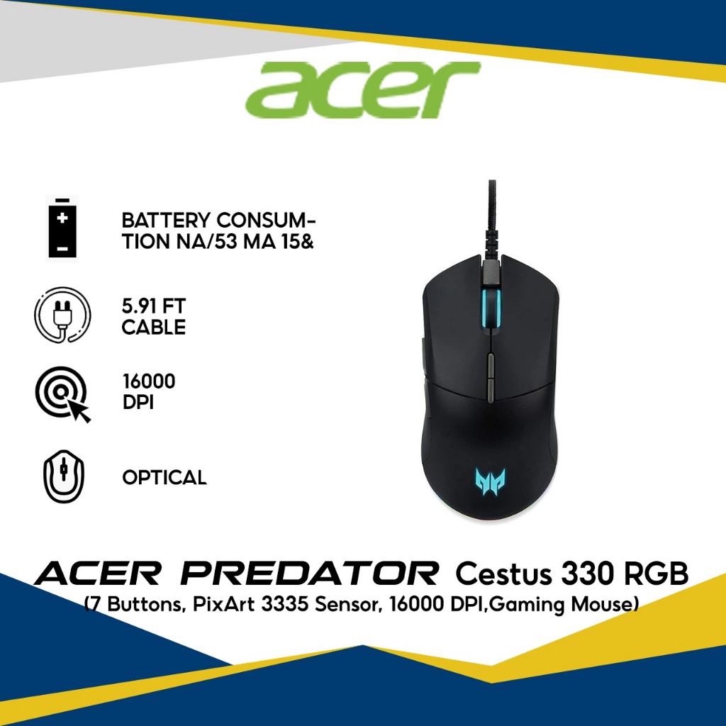 Acer Predator Cestus 330 RGB Gaming Mouse, 7 Buttons, PixArt 3335 Sensor, 16000 DPI | Shopee ...