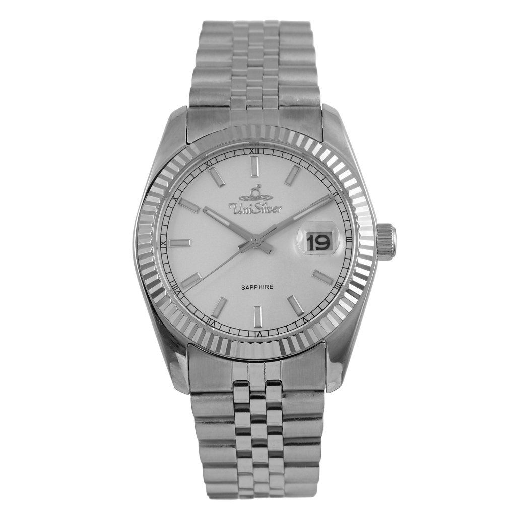 UniSilver TIME Men's All Silver Sapphire Glass Analog Stainless steel ...