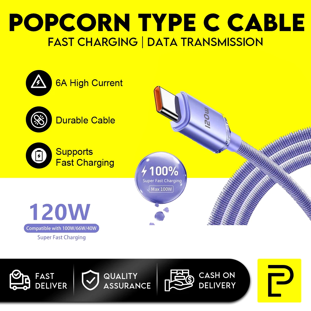 Popcorn USB C to USB C Cable, 120W Braided and Dirt-Free Type C Fast ...